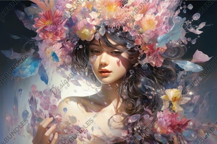 Ethereal, artistically rendered portrait of a woman adorned