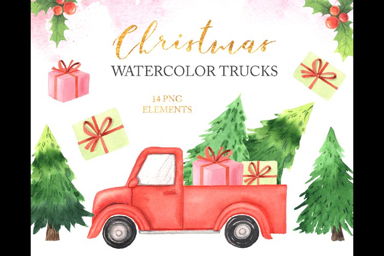 Watercolor Christmas Truck Clipart (402545) | Illustrations | Design ...