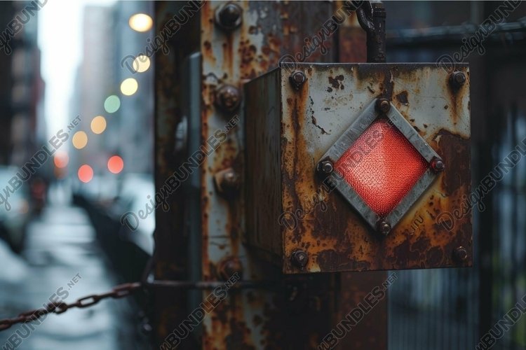 Rusty glowing red industrial light on metal post in new york