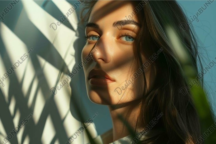 Beautiful model posing with dramatic leaf shadows on face