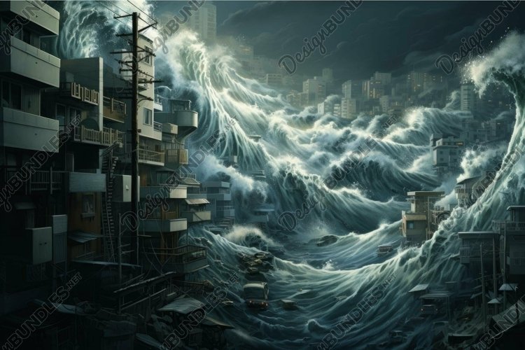 Devastating Tsunami city wave. Generate Ai