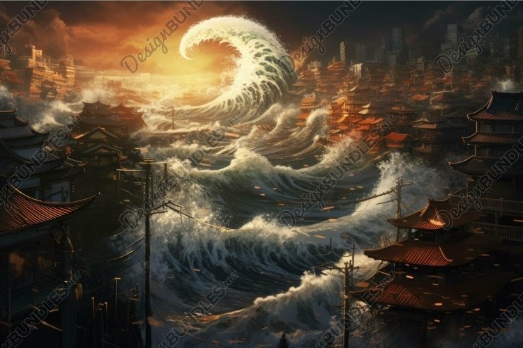 Devastated City under tsunami. Wave disaster