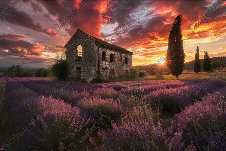 Sunset over lavender field with ancient ruins