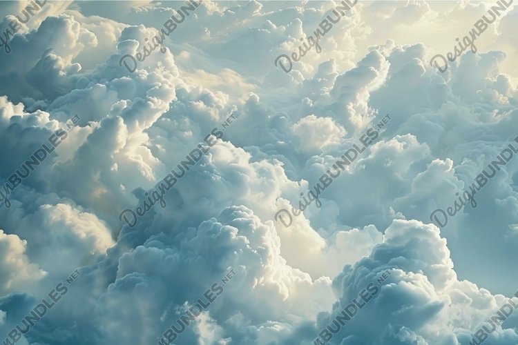 Aerial view of soft, billowing clouds bathed in the warm lig