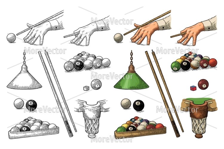 Set billiard. Vintage color engraving