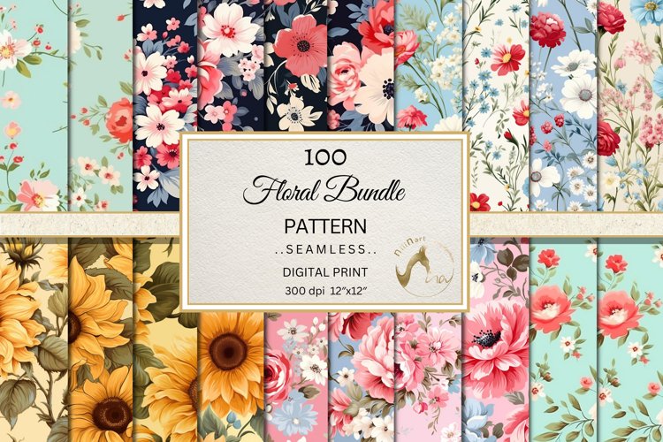 100 Floral Bundle, 25 types of Flower Seamless Digital paper