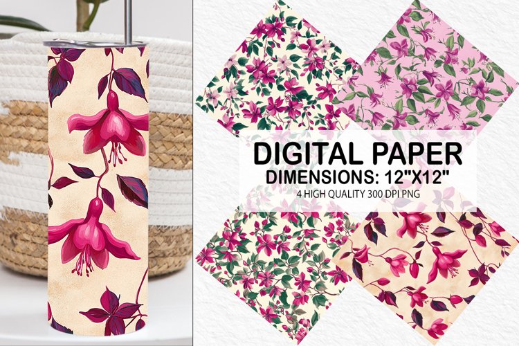 Fuchsia Flowers Pattern Digital Paper - Flowers Background
