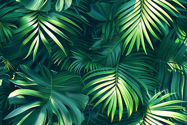 Tropical leaves in various shades of green and sunlight