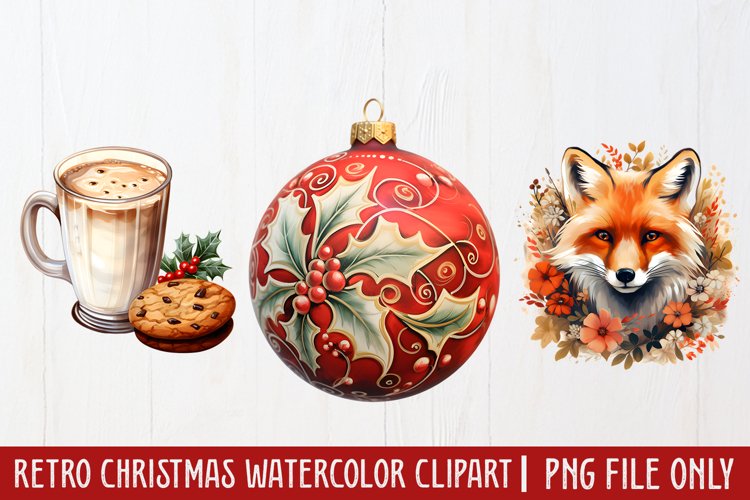 Retro Christmas Watercolor Clipart, Vintage (4389019)