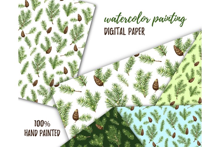 Watercolor Fir Digital Paper, Spruce Seamless Pattern - PNG
