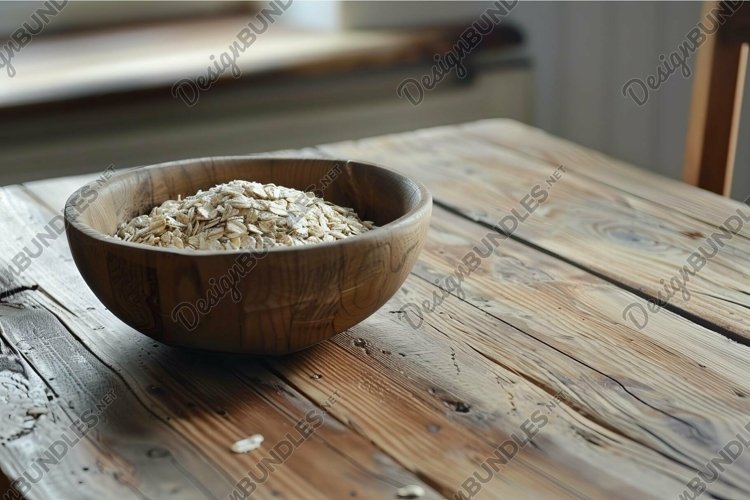 Wooden bowl of raw oats on rustic table
