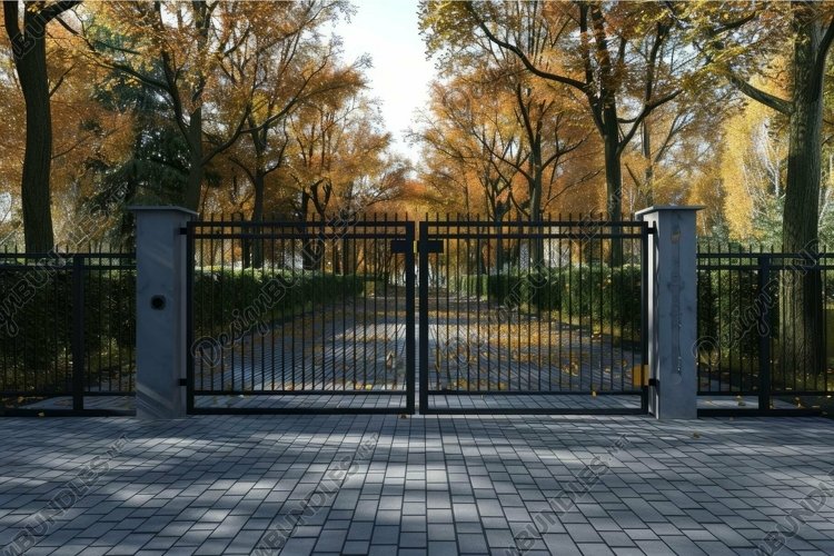 Closed modern metal gate surrounding property covered with f