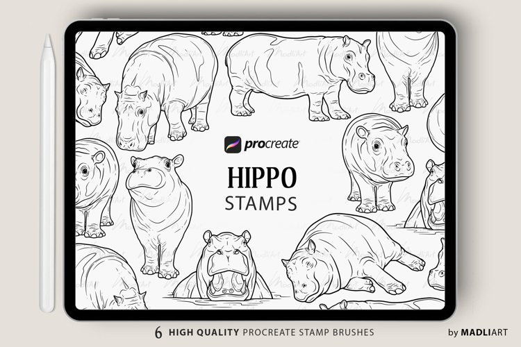 6 Hippo Procreate Brush Stamps. Hippopotamus Outline Tattoo
