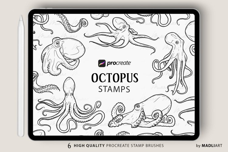 6 Octopus Procreate Brush Stamps. Ocean Animal Line Tattoo