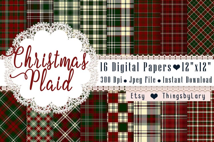 16 Christmas Red and Green Plaid Digital Papers