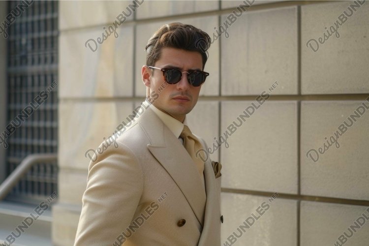 Radiant Man wearing glowing beige suit. Generate ai