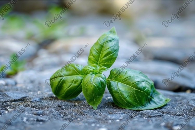 Small green basil plant growing on stone surface