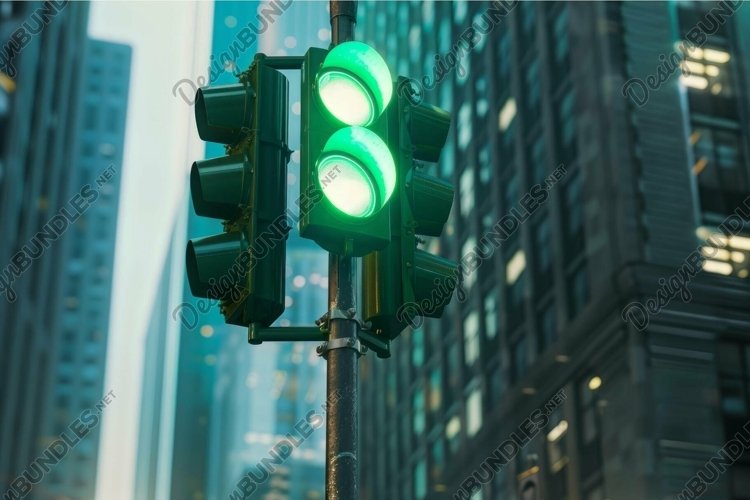 Urban green traffic lights on city street