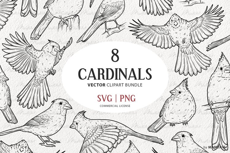 8 Cardinals Vector Clipart. SVG Small Birds Outline