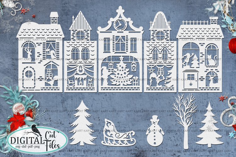 Christmas houses village bundle with Santa svg cut out files