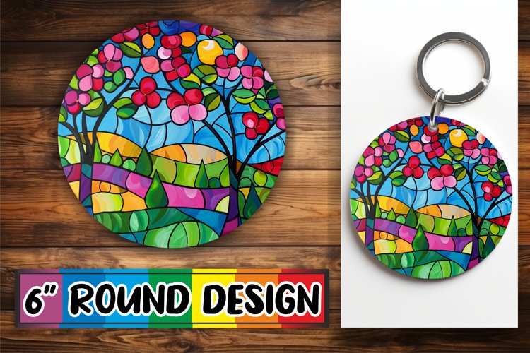 Keychain Stained Glass Tree Colorful Sublimation Round Desig