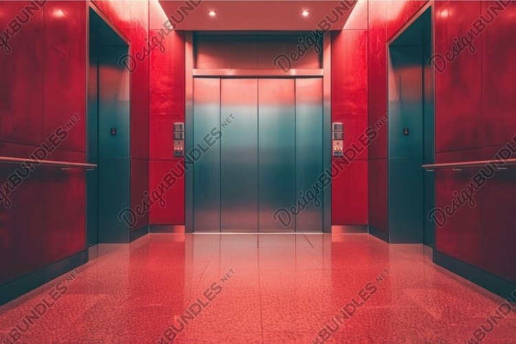 Modern red elevator lobby with metallic doors