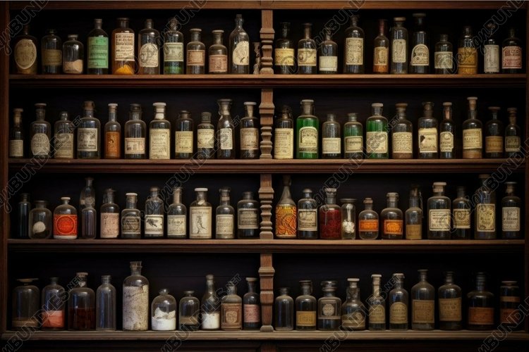 Vintage apothecary bottles on wooden shelves