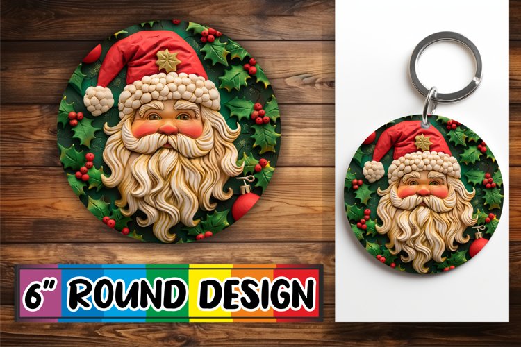 Holiday 3D Santa Keychain Round Design PNG Winter