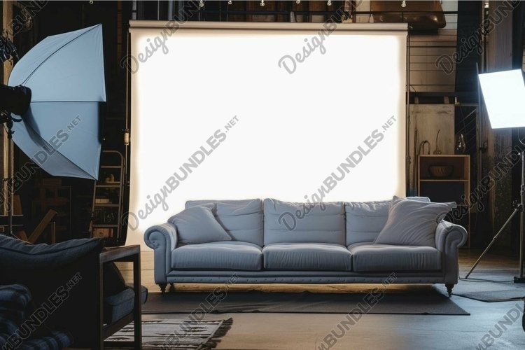 Professional photo studio with light setup and sofa