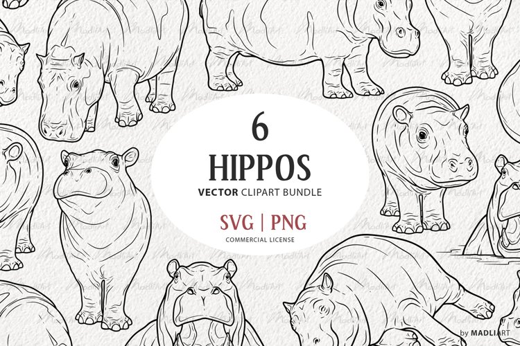 6 Hippos Vector Clipart. Cute Baby Hippopotamus SVG Line Art