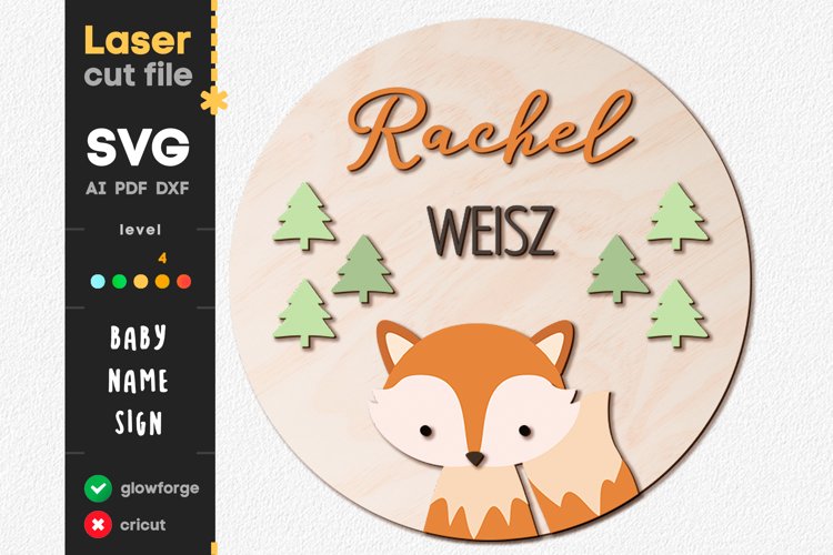Baby Name Sign SVG Fox. Laser cut files for Glowforge