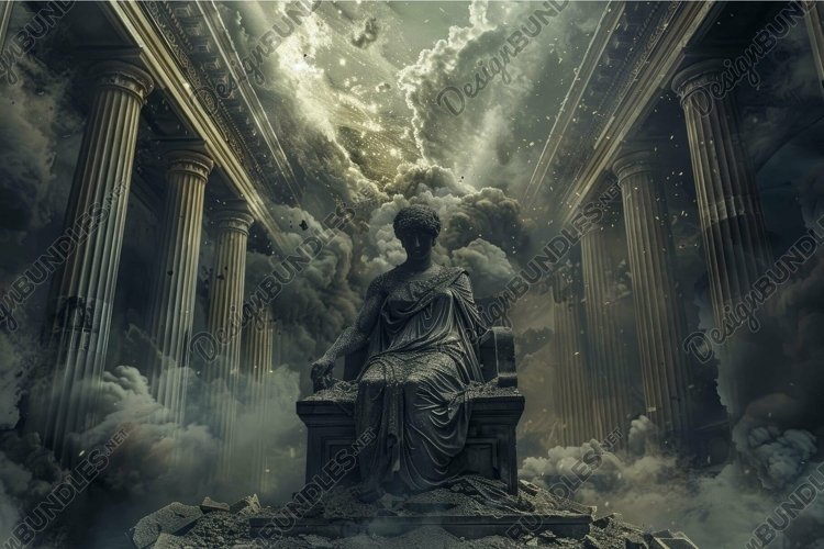 Majestic statue amidst ethereal cloudscape
