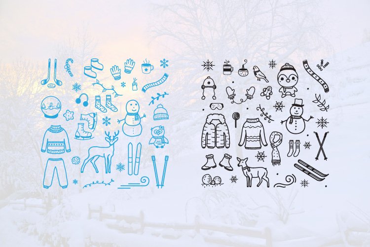 30 Winter Snow Holiday Element Doodle Set