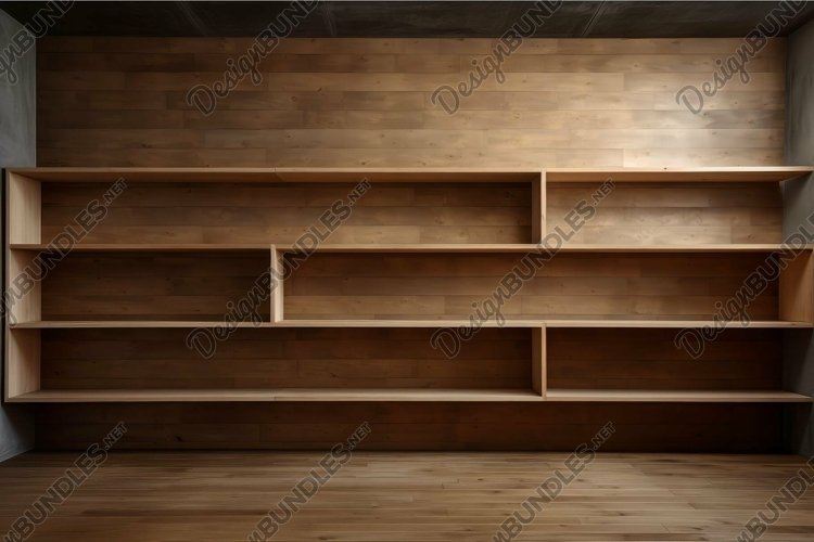 Empty wooden shelves on a dark wooden wall