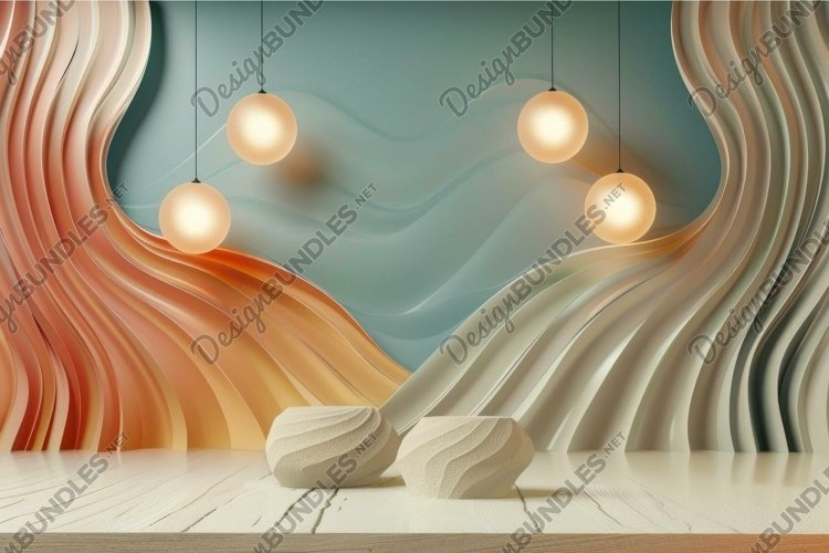 Modern interior with wavy wall and pendant lights