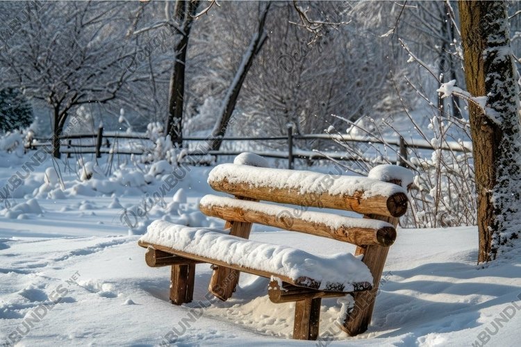 Snow covered wooden bench in winter park