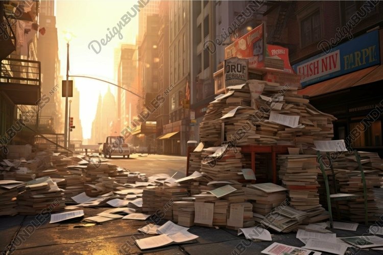 Paper apocalypse: city street overtaken by mountains of pape