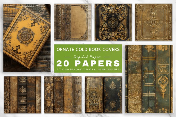 Ornate Gold Book Covers Digital Paper Bundle