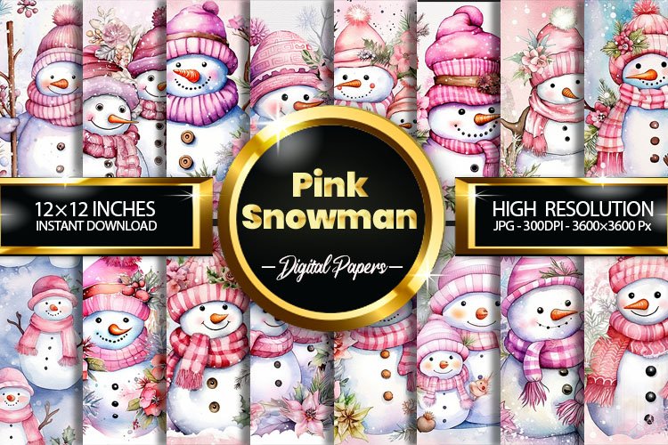 Pink Snowman Digital Papers, Winter Pattern