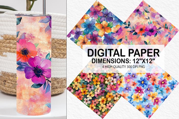 Funky Watercolor Flowers Digital Paper- Flowers Background
