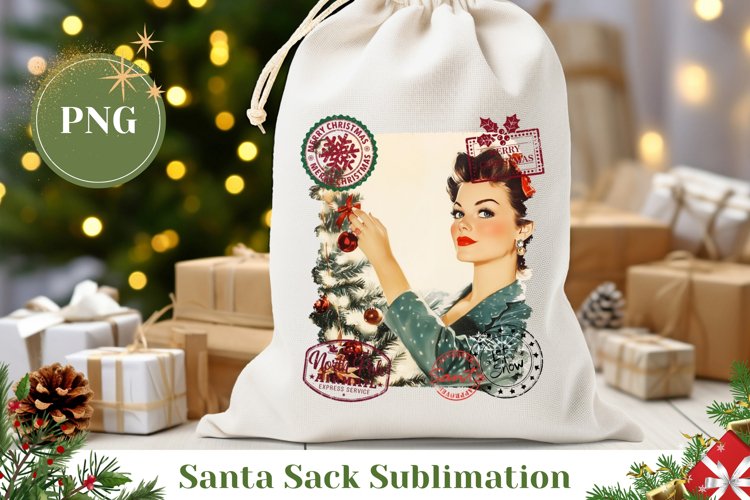 Winter Santa Sack Sublimation, Retro Christmas Gift Bag