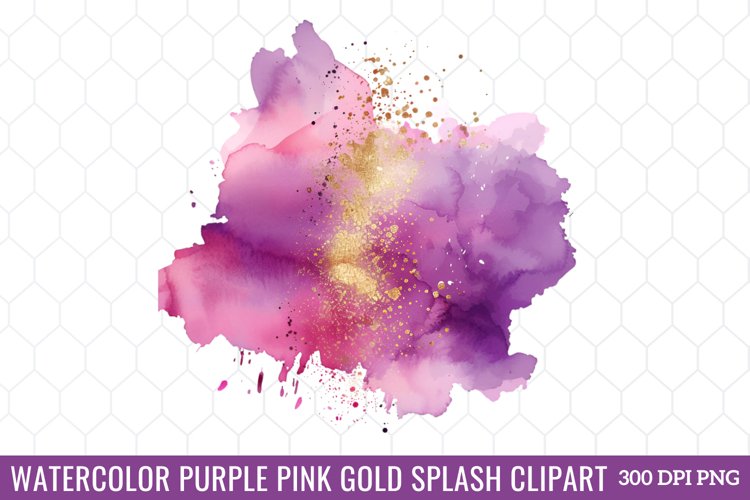 Watercolor Purple Pink Gold Splash Clipart (3476477)