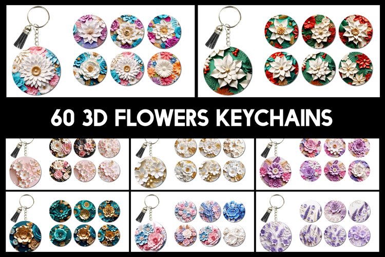 60 3D Flowers Keychains I 3D Flowers Keychain Sublimation