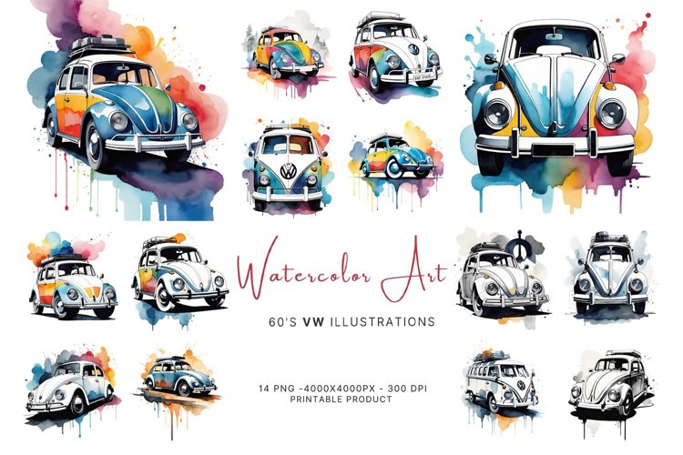 60's VW Watercolor Art Illustrations