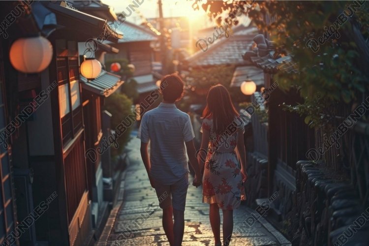 Romantic stroll in sunset lit street