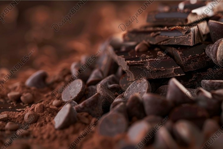 Closeup of dark chocolate chunks and cacao on a rich, dark b