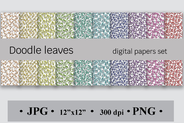 Doodle leaves Digital papers set, Seamless pattern pack