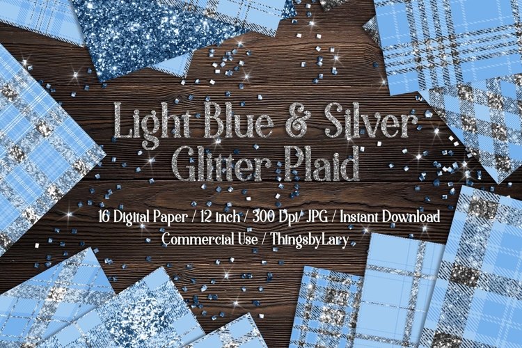 16 Luxury Silver and Light Blue Glitter Plaid Tartan Papers