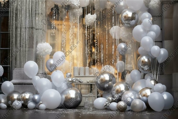 Elegant silver and white balloon party decor
