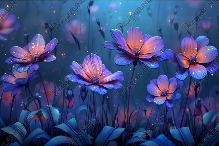 Digital artwork of glowing flowers with a mystical nighttime